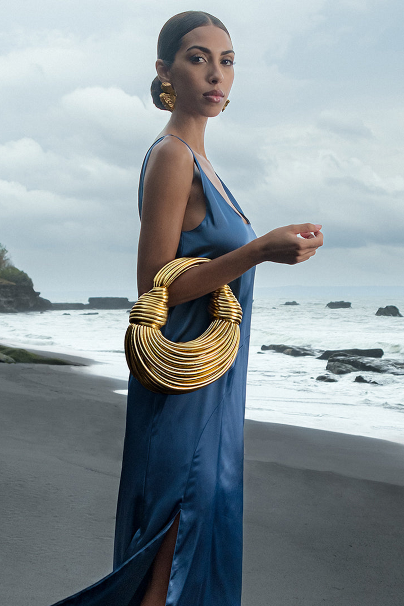 RAYA GOLD METALLIC FAUX LEATHER SHOULDER BAG WITH KNOTTED STRAPPY DETA ...